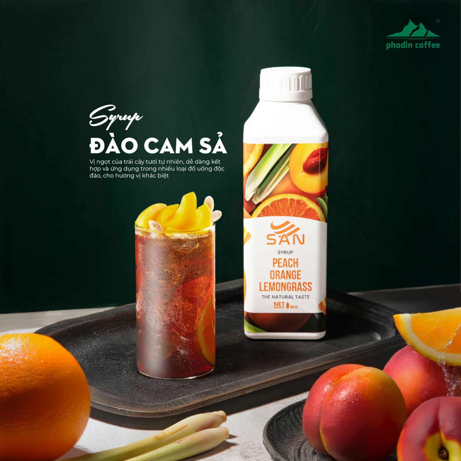 Syrup đào cam sả 1 kg – Vị thanh mát “3 trong 1” | Phadin Coffee